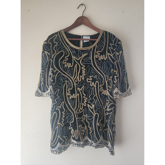 Vintage | Tops | 0 Silk Blackgold Heavily Beaded Sequin Womens Top 3x ...